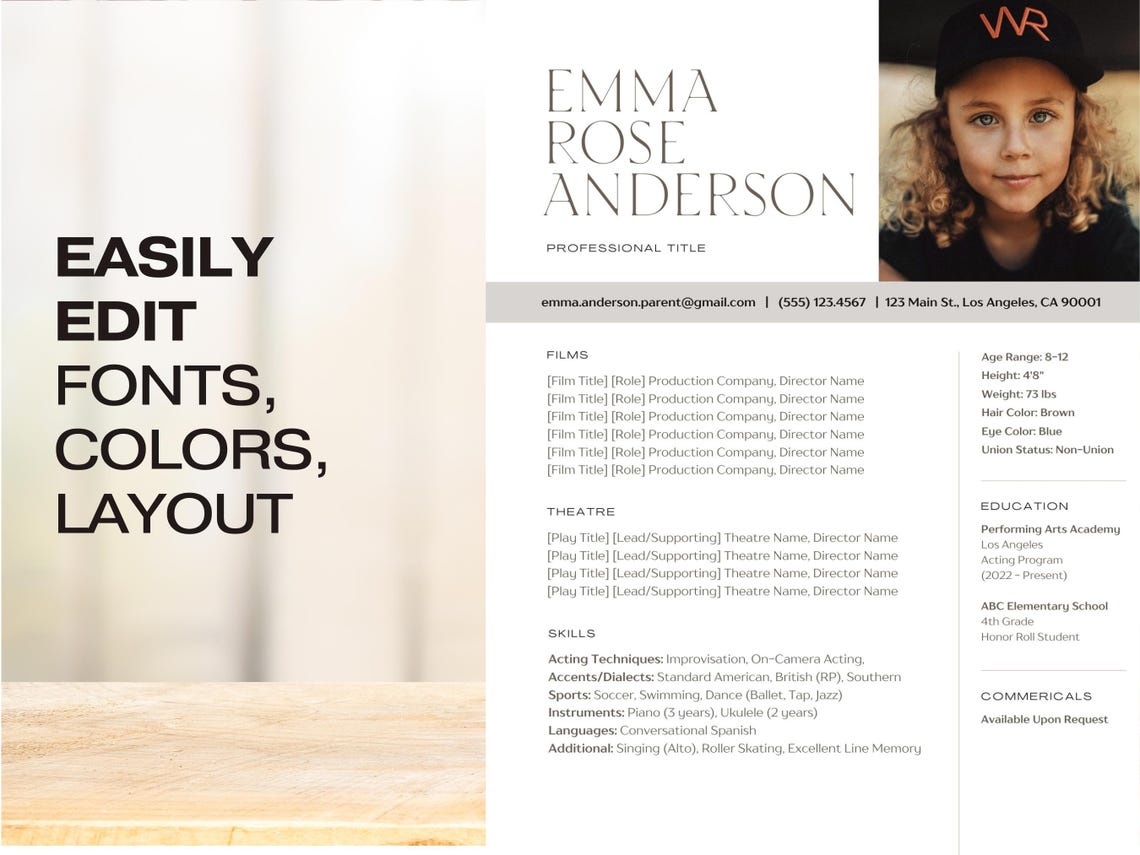 Child Actor Resume Template Editable in Canva | Cover Letter & Headshot ...