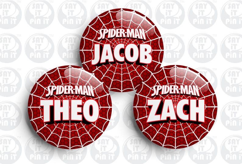Spiderman Custom Theme Name Badge 50mm/2 Inch Button Pin Backed Badge ...