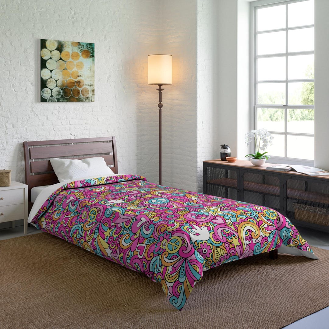 Psychedelic Peace Comforter, Hippie Home Decor, Flower Child Bedding ...