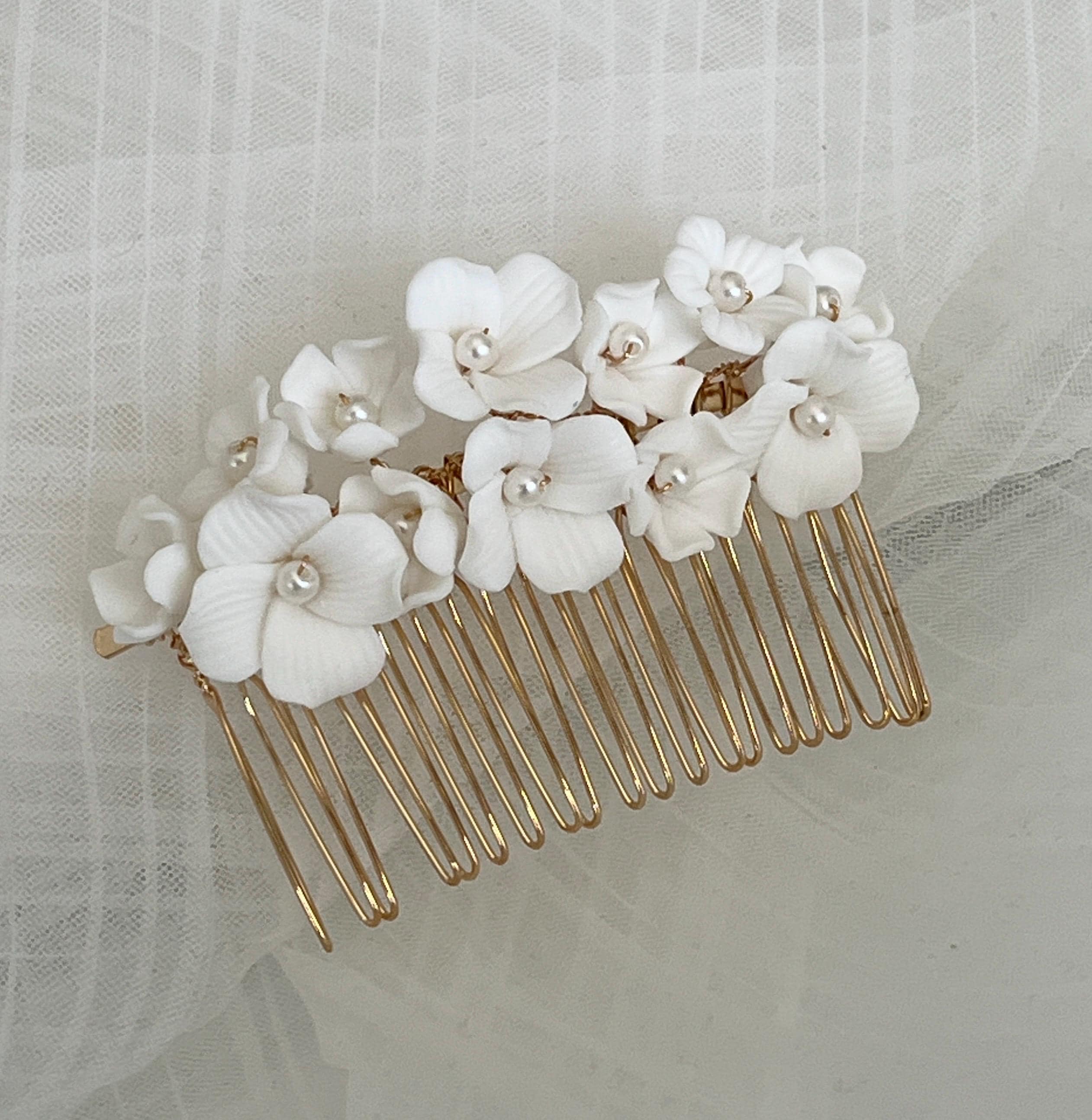 Ceramic White Flowers Pearls Hair Comb Wedding Hair Accessory Bridal ...