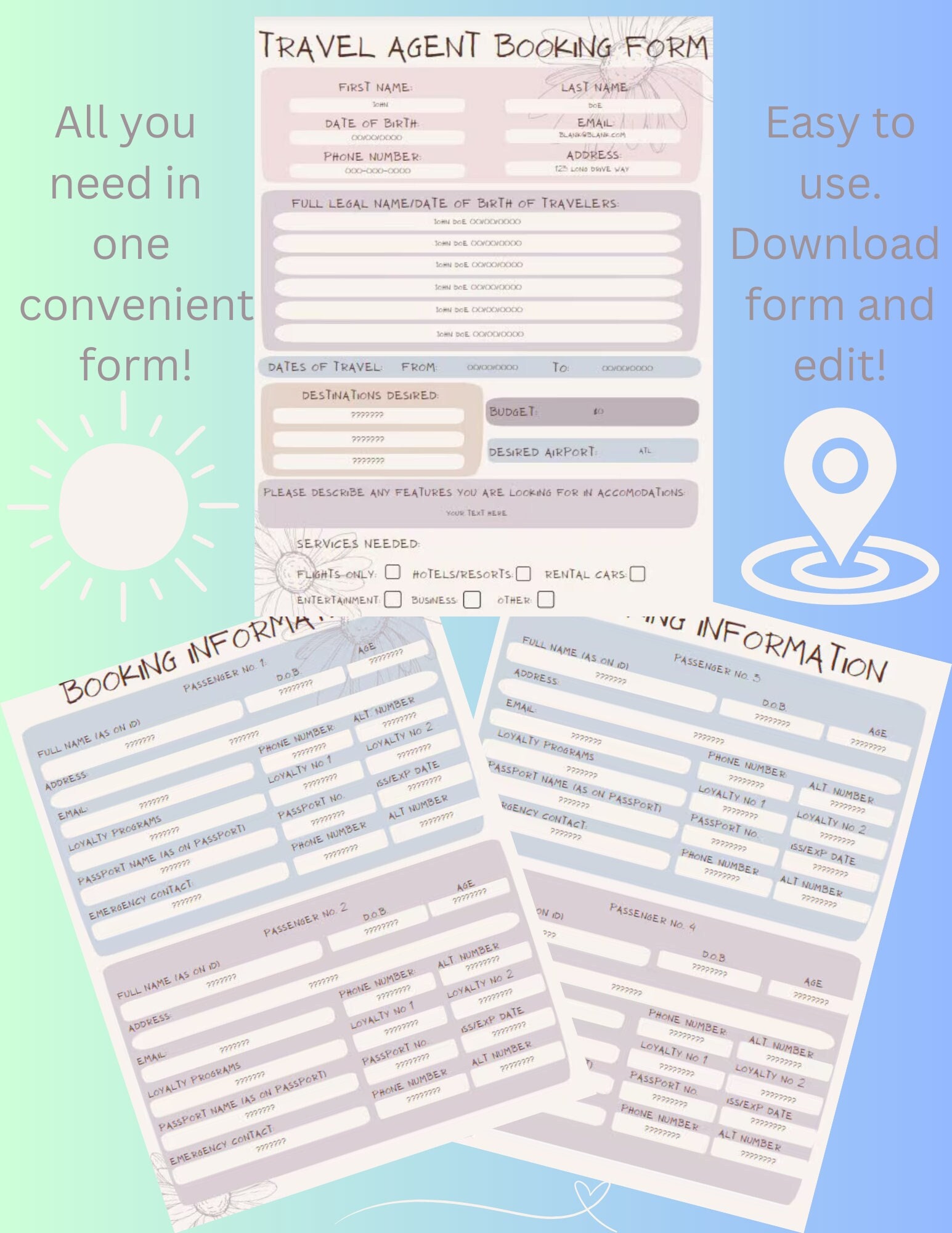 Travel Agent Booking Form Easy Fillable - Etsy