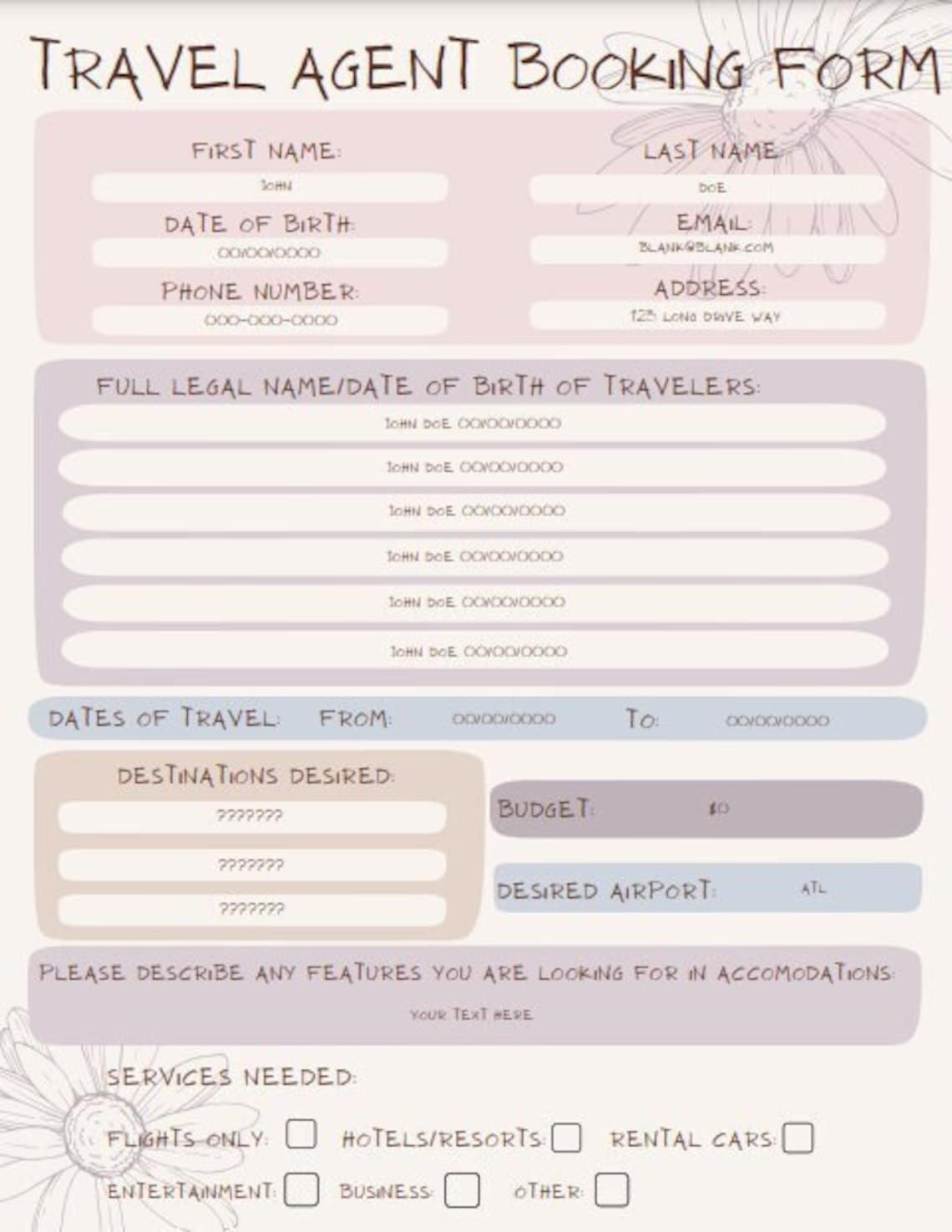 Travel Agent Booking Form Easy Fillable - Etsy