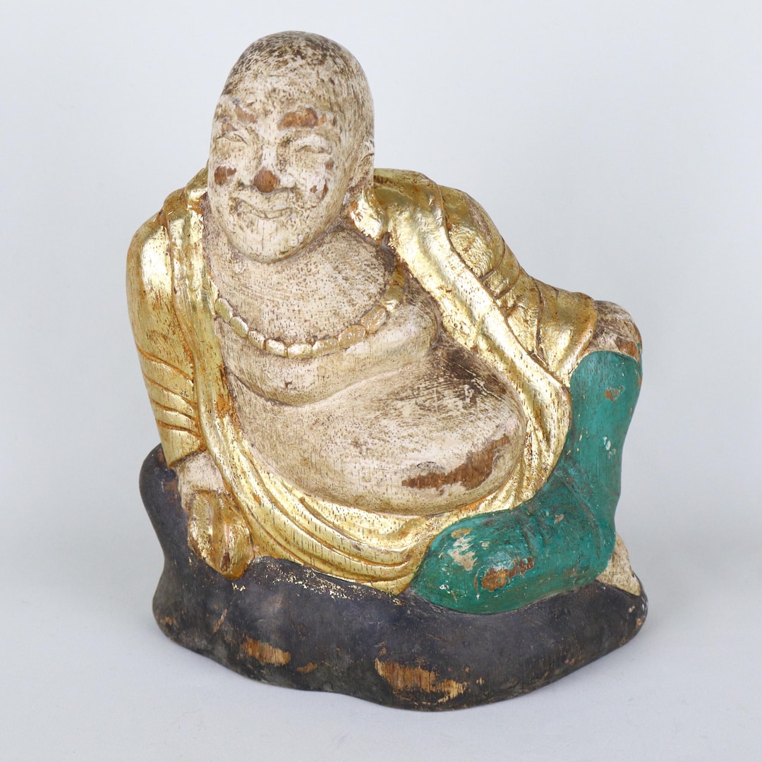 Antique Budai Hotei Laughing Buddha Carved Wood Statue Buddhist Figure ...