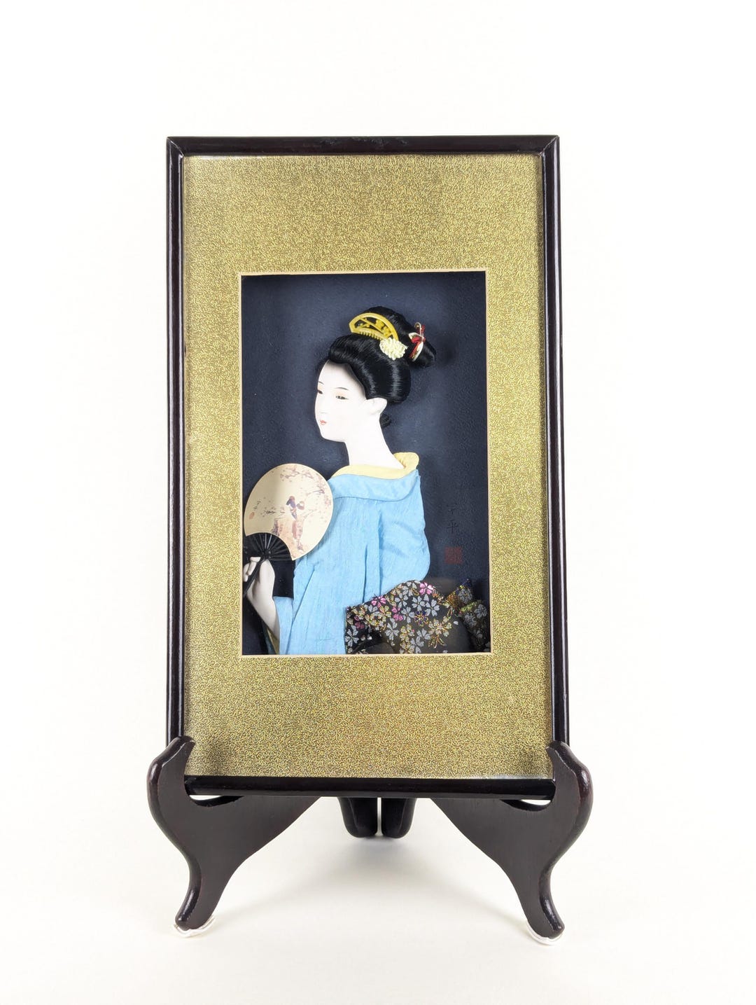 Geisha Shadow Box Japanese 3D Doll Quilted Kimono Signed Framed Wall ...