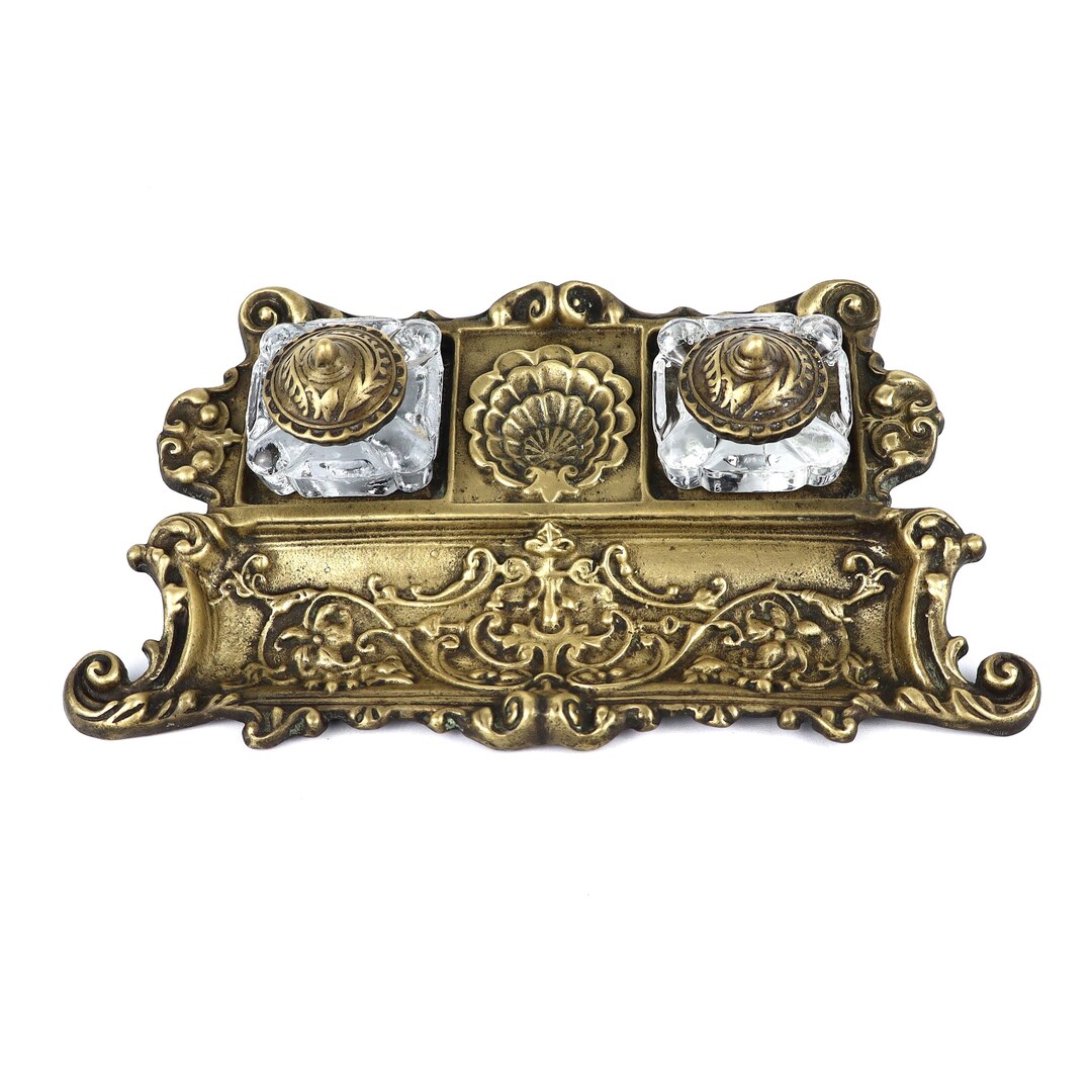 Art Nouveau Brass Inkwell With Double Glass Ink Inserts 10 Inches Long ...