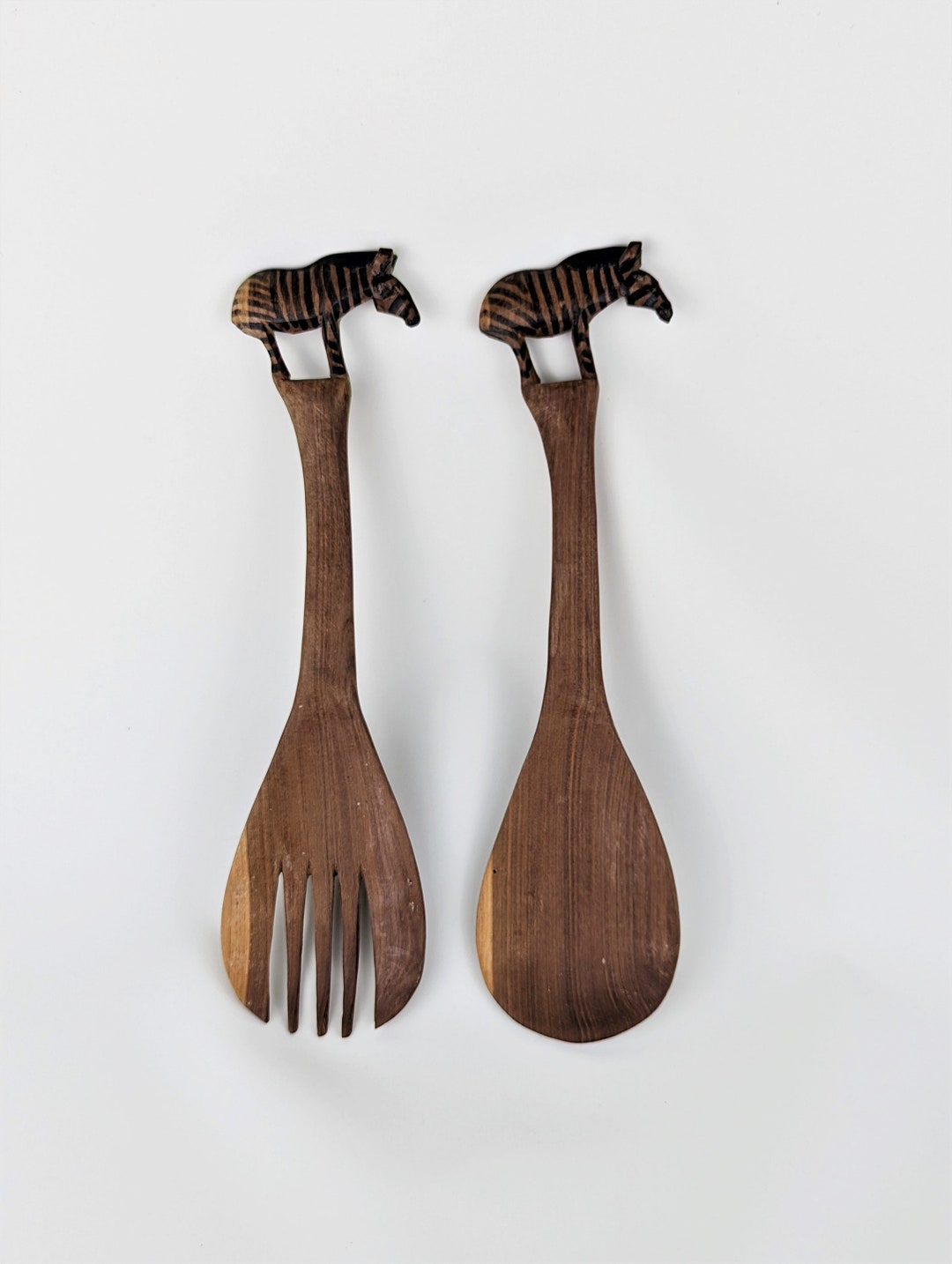Wooden Salad Serving Set Hand-carved Zebra Handles 12 Long Kenya East ...