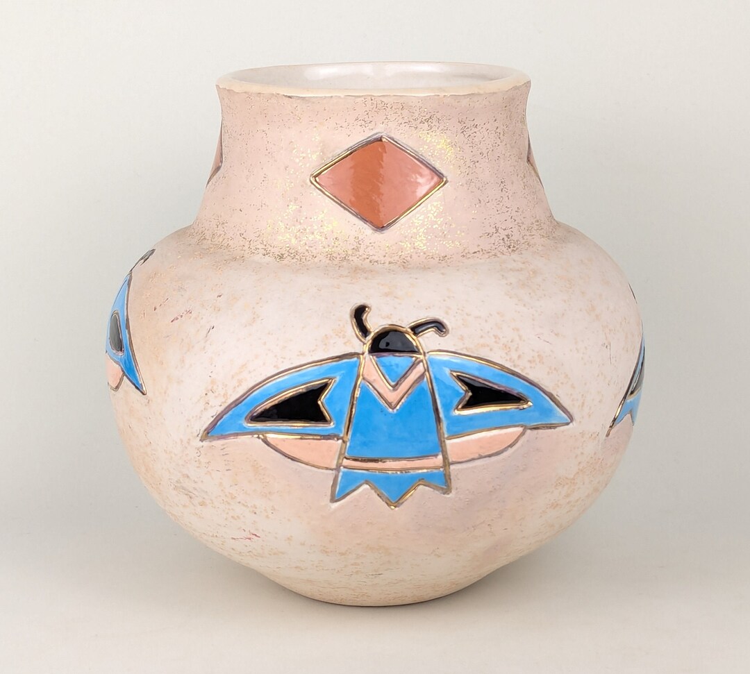 Southwestern Pottery Native American Jar Enamel Moth Motif Glazed ...
