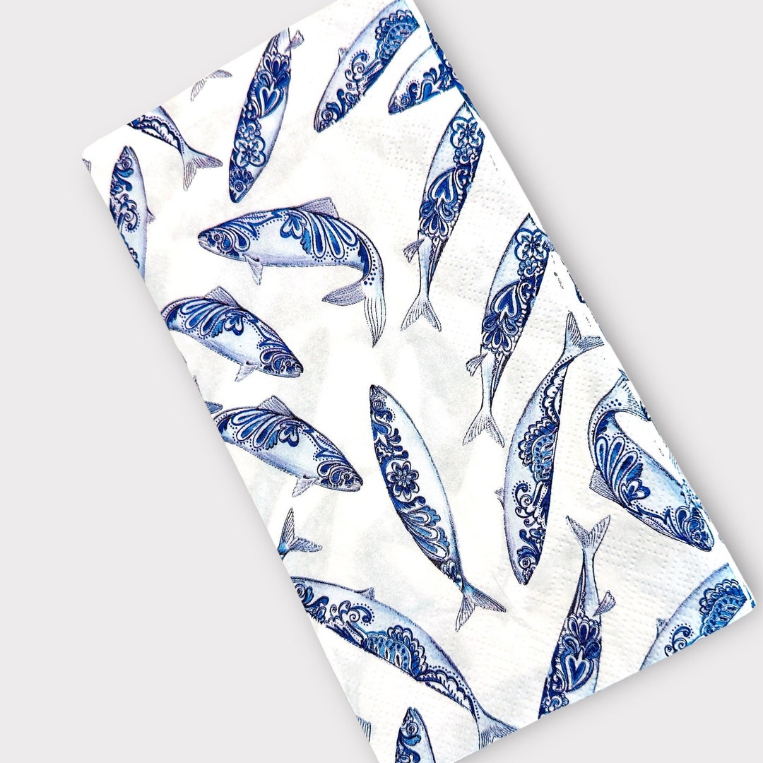Decoupage Napkins, Blue Fish Paper Napkin, Fish Napkin, Oyster Shell ...