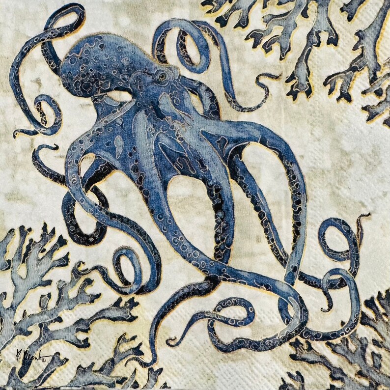 Decoupage Napkins, Blue Octopus Napkin, Octopus Napkin, Oyster Shell ...