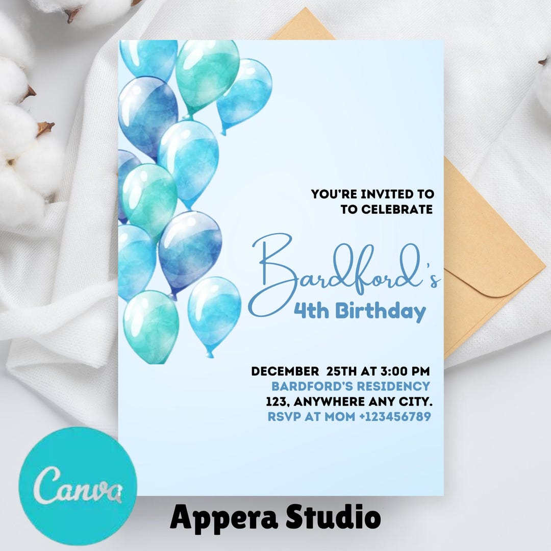 Editable Balloon Birthday Invitation, Printable Blue Balloons Party ...