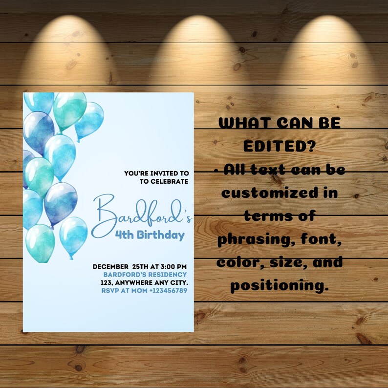 Editable Balloon Birthday Invitation, Printable Blue Balloons Party ...