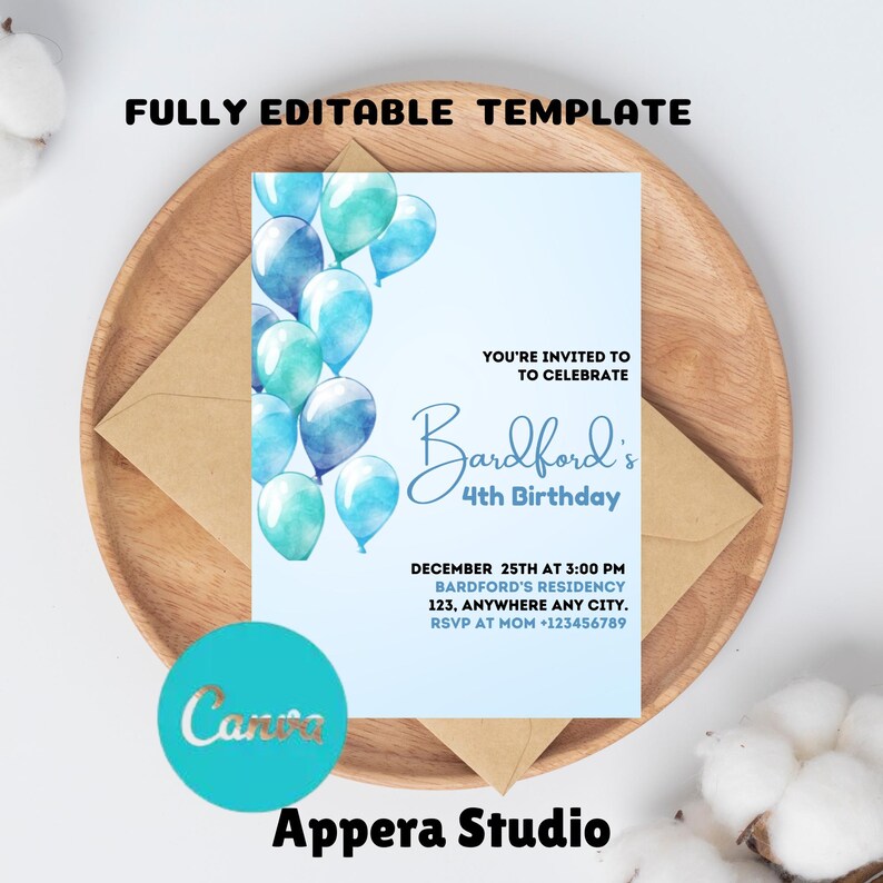 Editable Balloon Birthday Invitation, Printable Blue Balloons Party ...