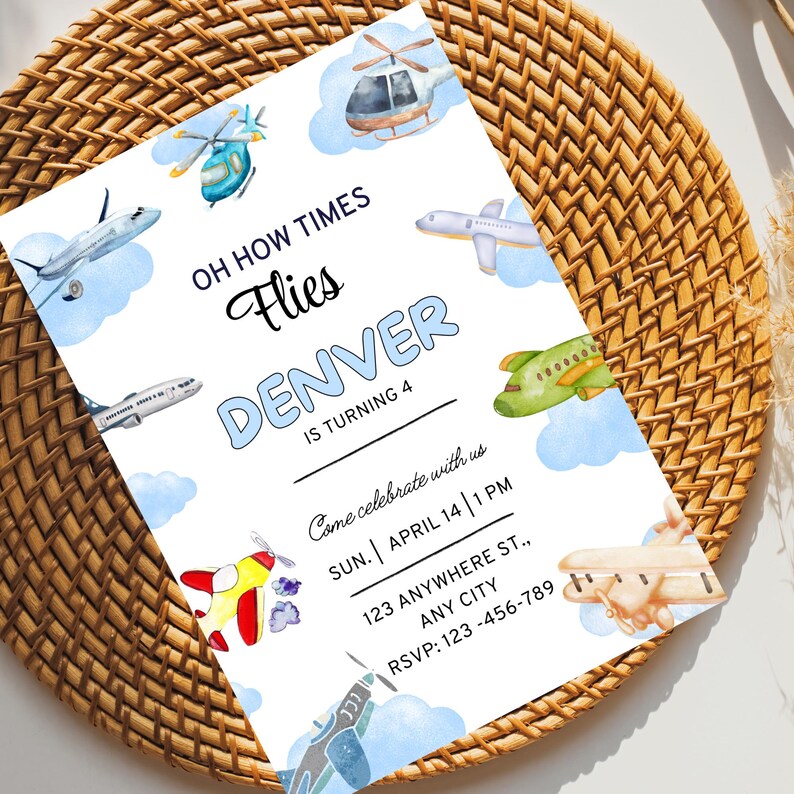 Editable Airplane Birthday Invitation, Time Flies Birthday Invitation ...