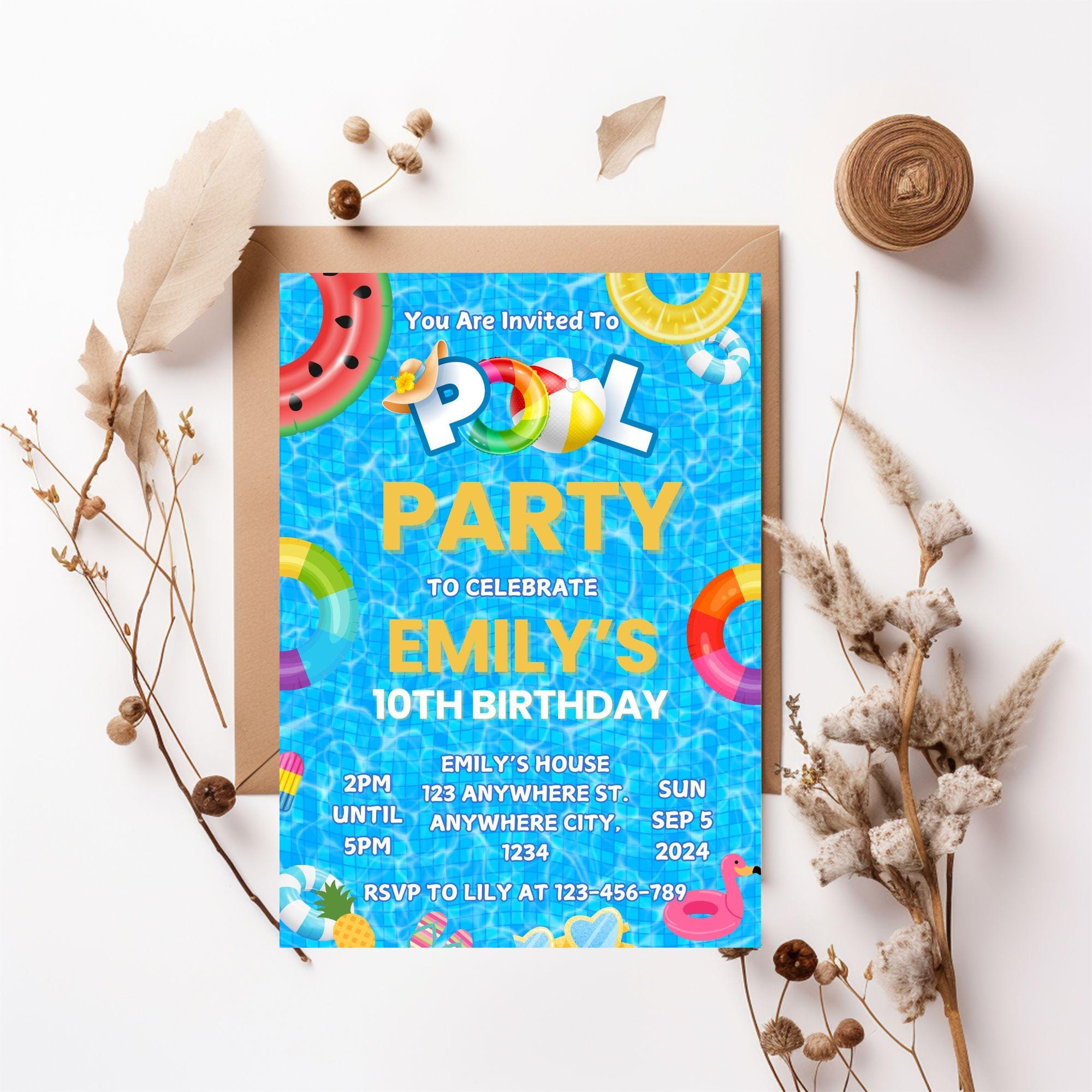 Pool Party Editable Invitation, Summer Birthday Party Evite, Text ...
