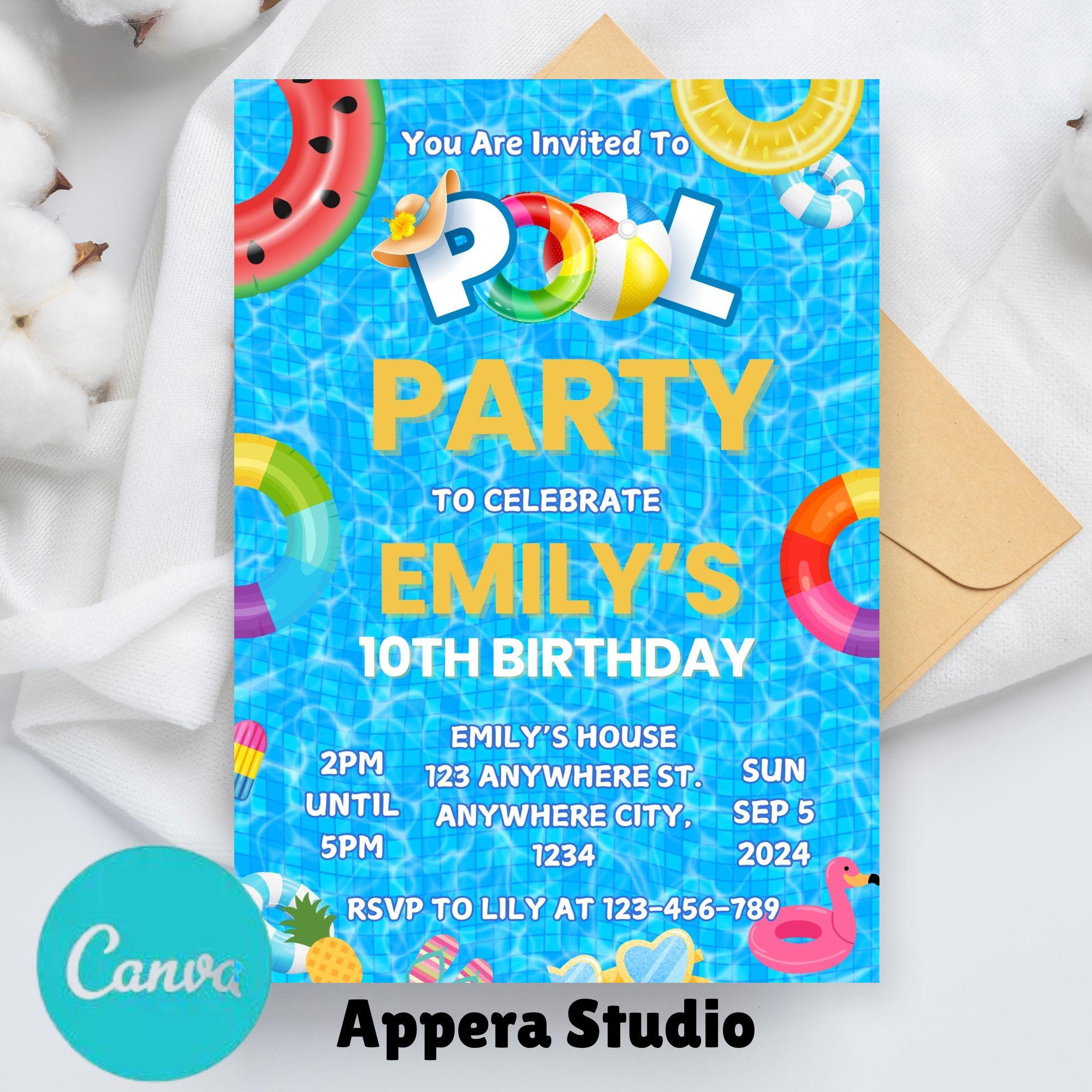 Pool Party Editable Invitation, Summer Birthday Party Evite, Text ...