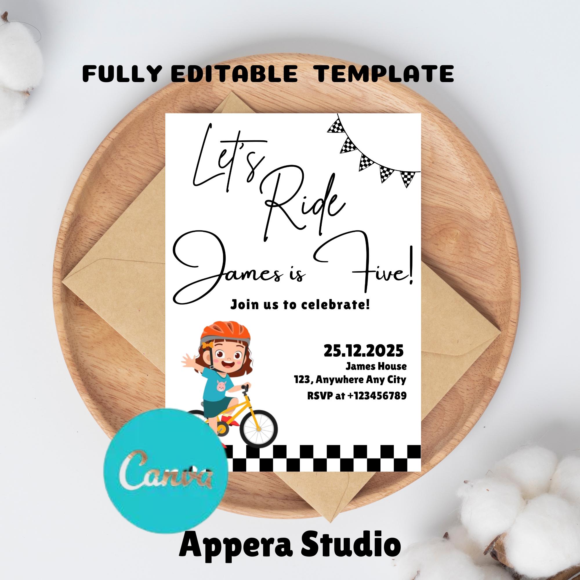 Editable Bicycle Birthday Invitation Template | Editable Bike Let's ...
