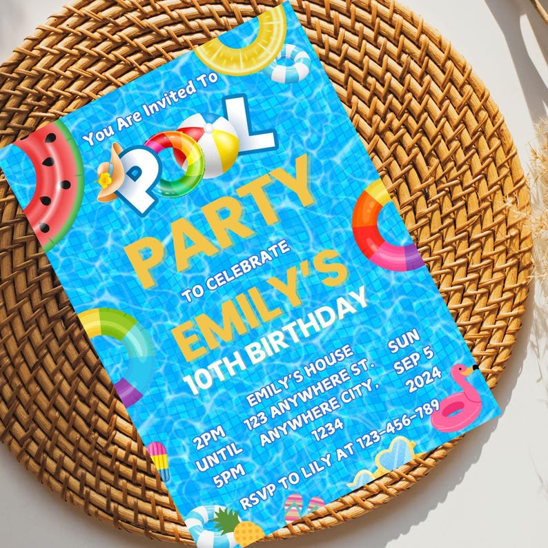Pool Party Editable Invitation, Summer Birthday Party Evite, Text ...