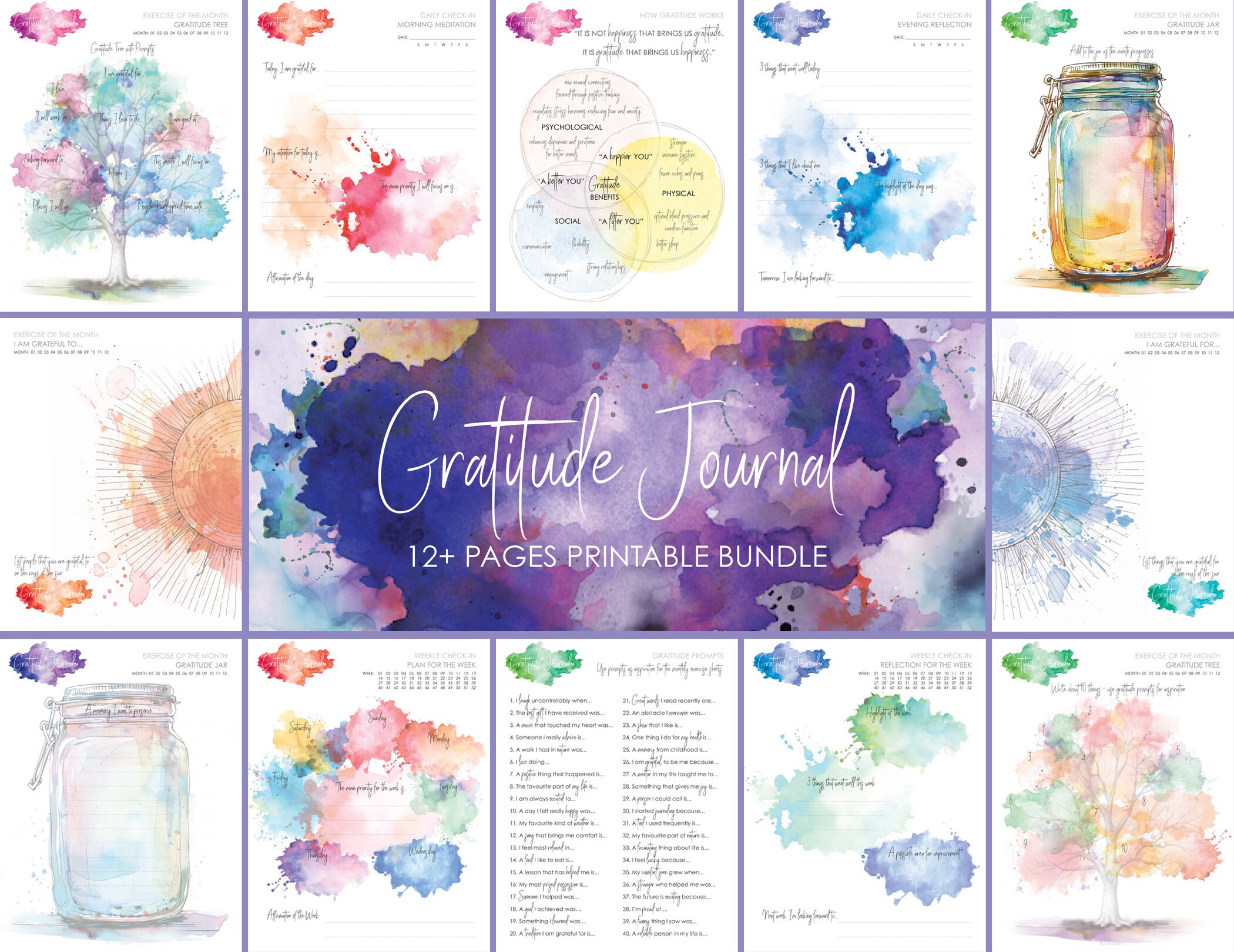 Gratitude Journal Printable BUNDLE Watercolor Themed and Designed by ...