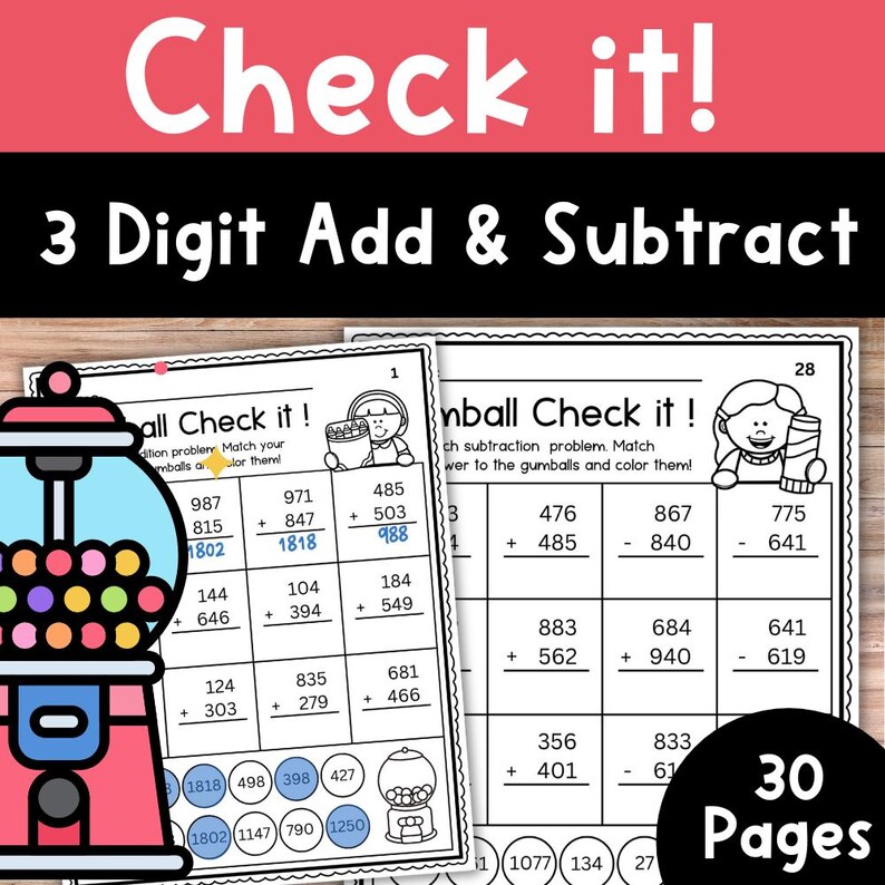 3 Digit Addition and Subtraction Numbers Self-checking Math Worksheets ...