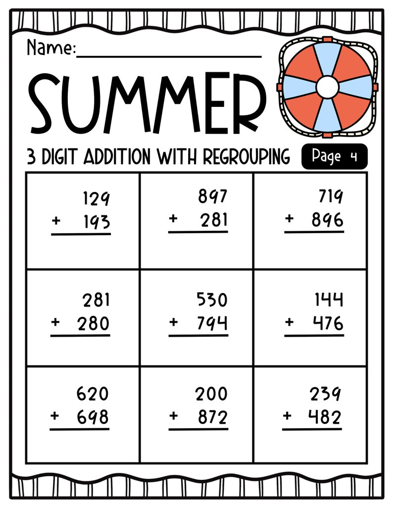 SUMMER 3 Digit Addition WITH and WITHOUT Regrouping Worksheets - Etsy