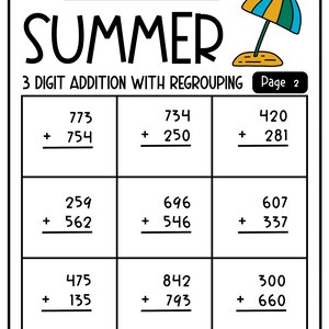 SUMMER 3 Digit Addition WITH and WITHOUT Regrouping Worksheets - Etsy