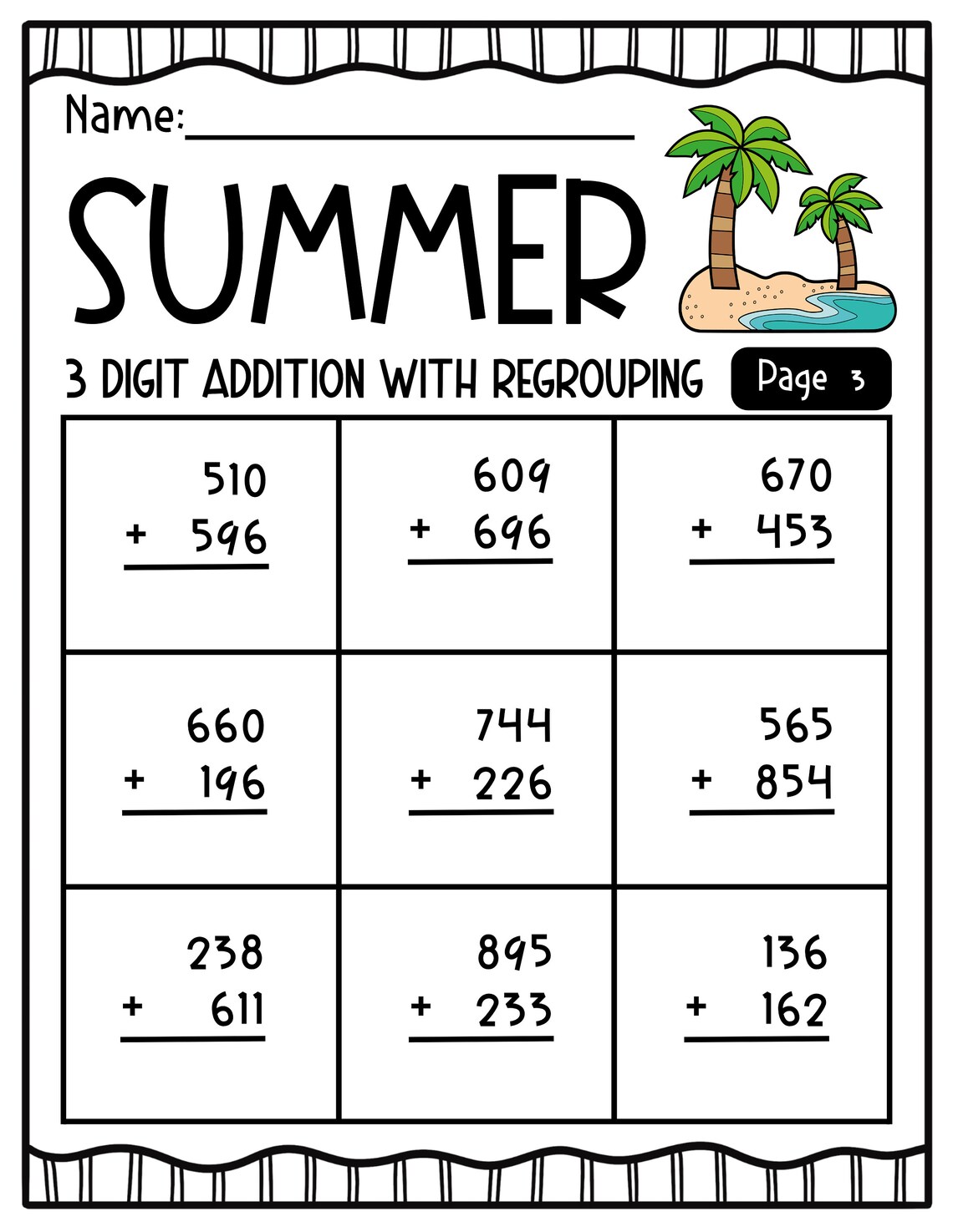 SUMMER 3 Digit Addition WITH and WITHOUT Regrouping Worksheets - Etsy