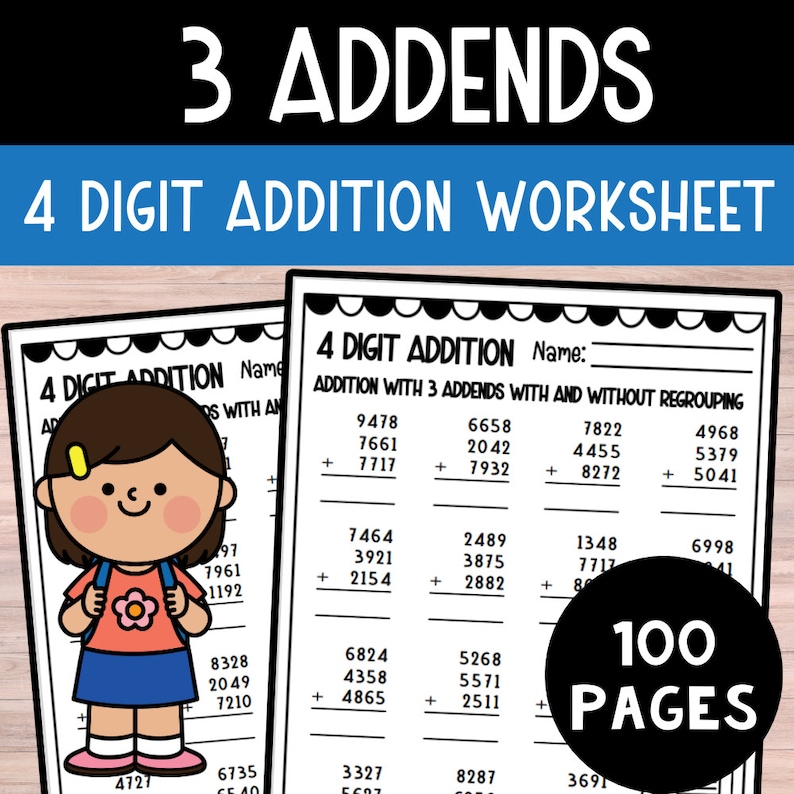 3 Addends Numbers Worksheets for Adding 4 Digit Numbers With & Without ...