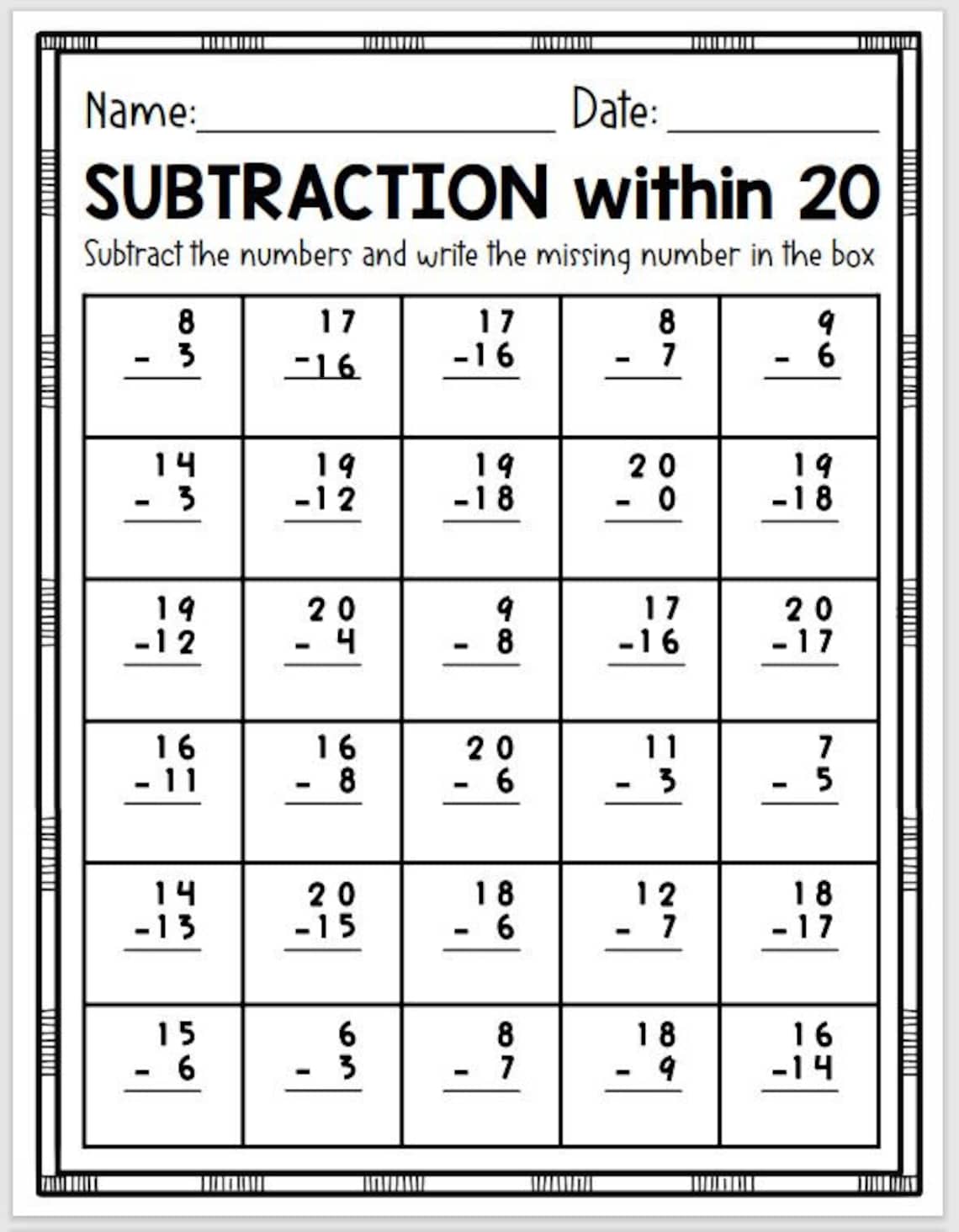 Subtraction Within 20 Math Fact Fluency Timed Worksheet Practice 100 ...