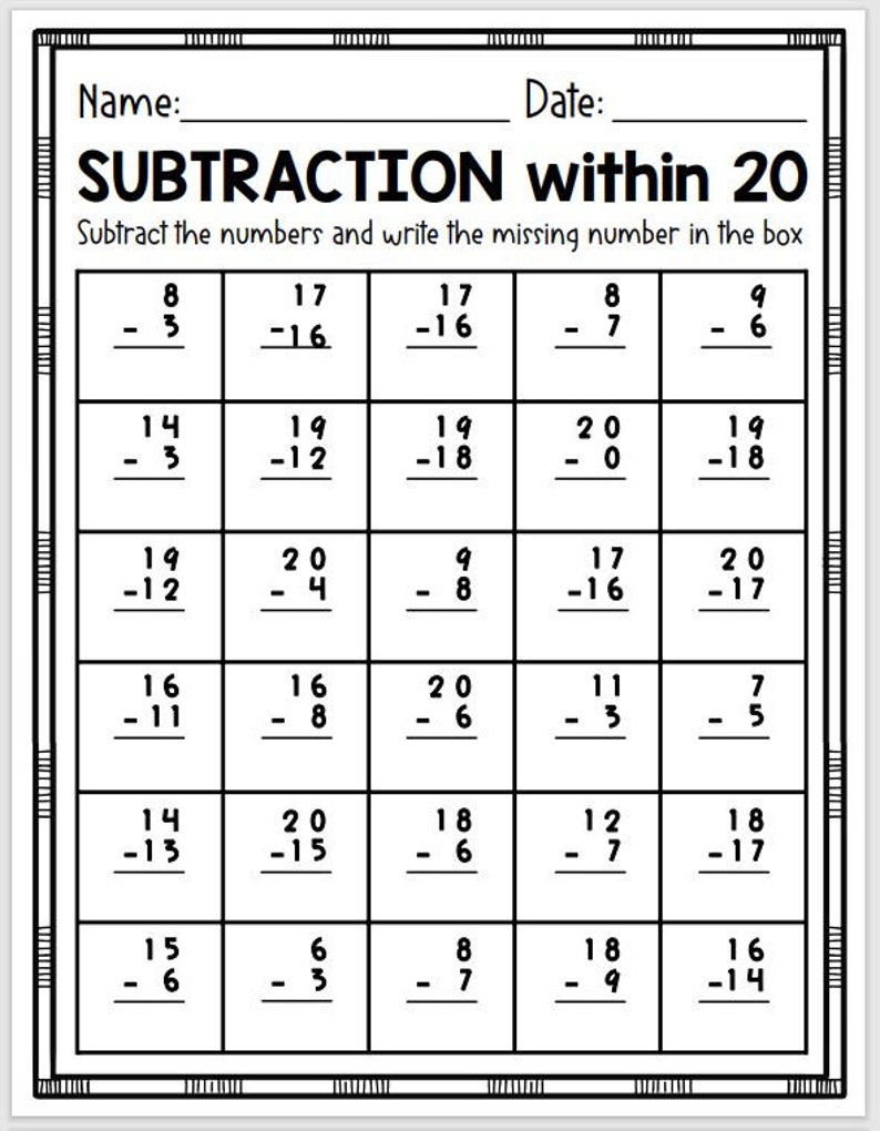 Subtraction Within 20 Math Fact Fluency Timed Worksheet Practice 100 ...