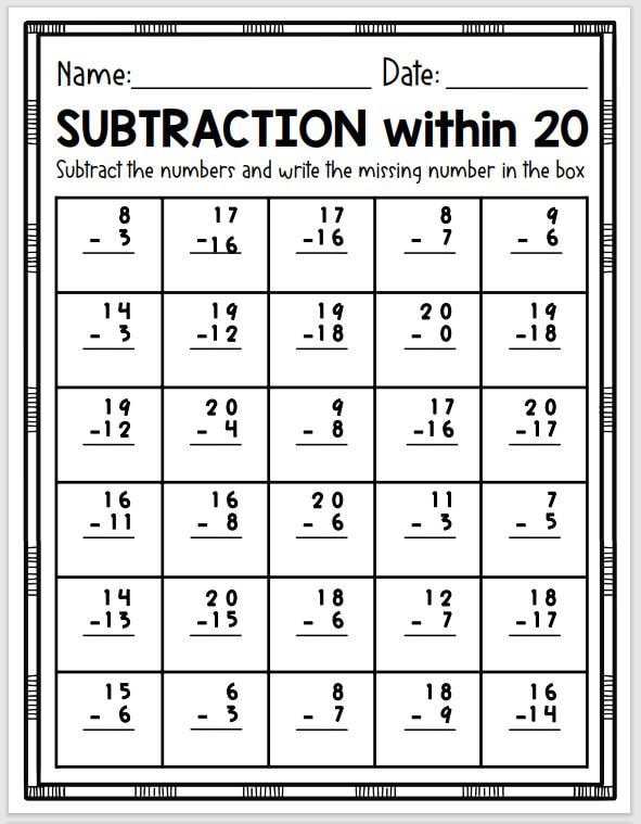 Subtraction Within 20 Math Fact Fluency Timed Worksheet Practice 100 ...