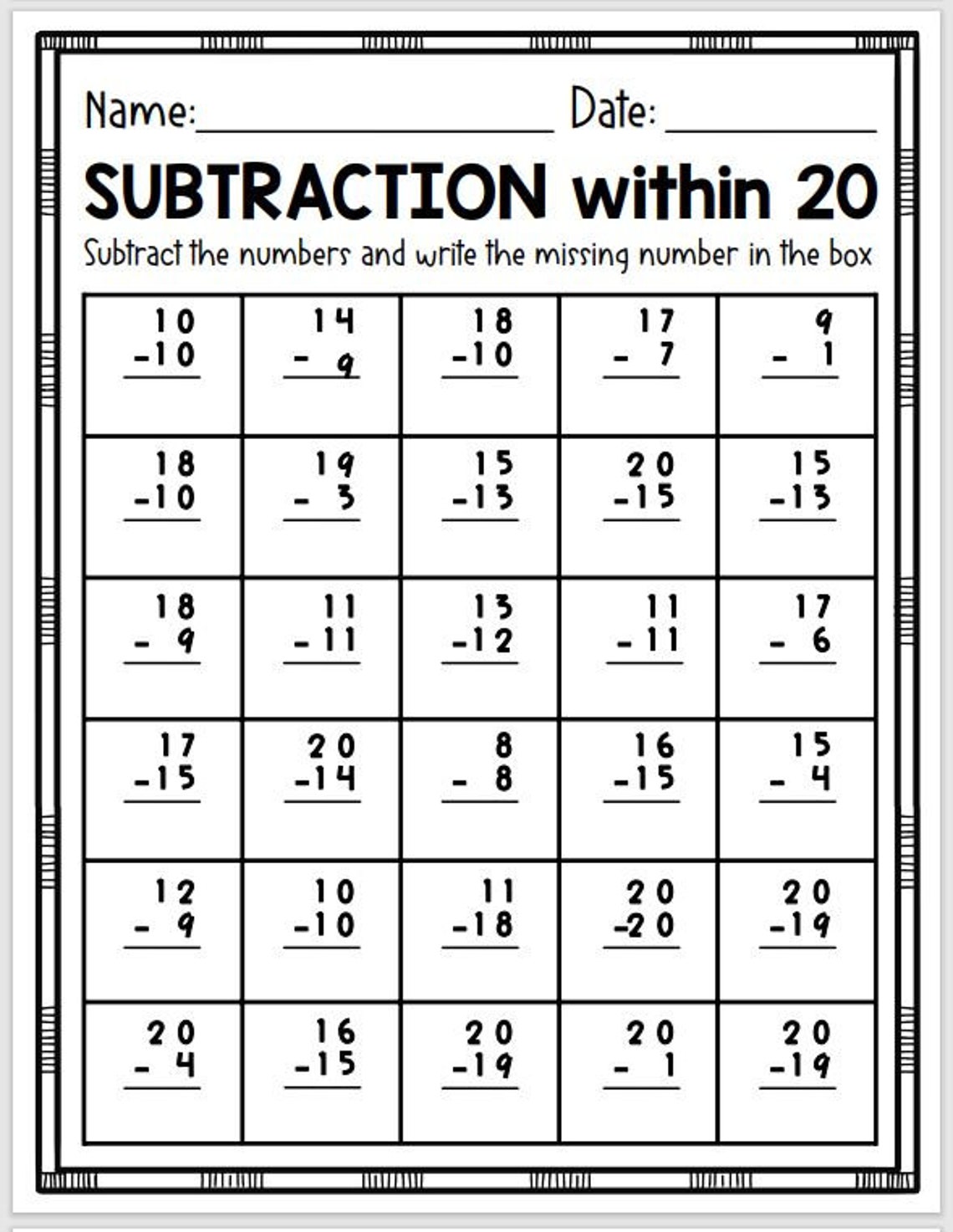 Subtraction Within 20 Math Fact Fluency Timed Worksheet Practice 100 ...
