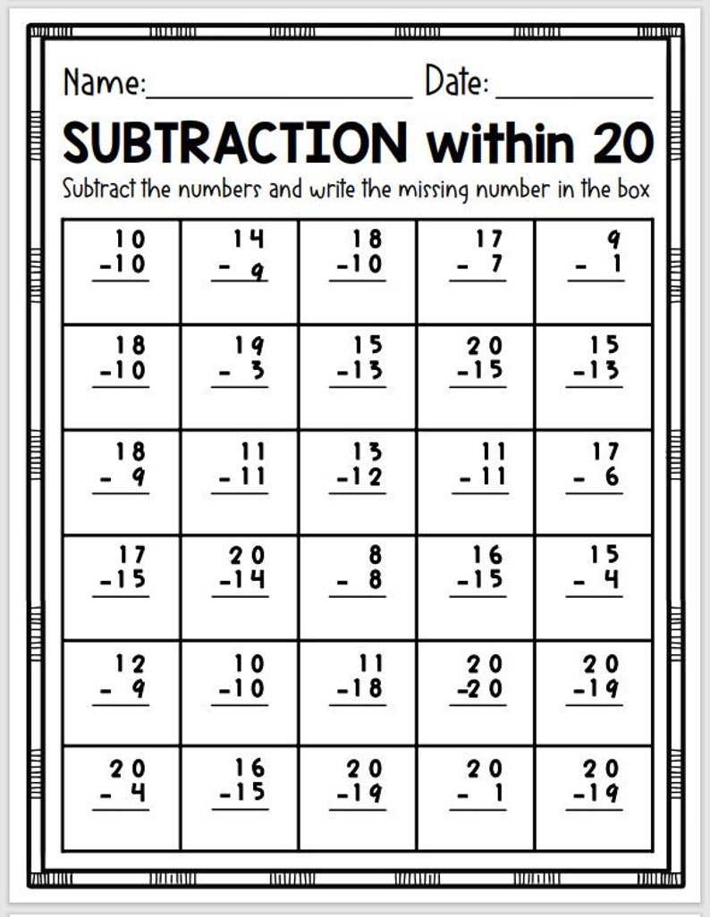 Subtraction Within 20 Math Fact Fluency Timed Worksheet Practice 100 ...