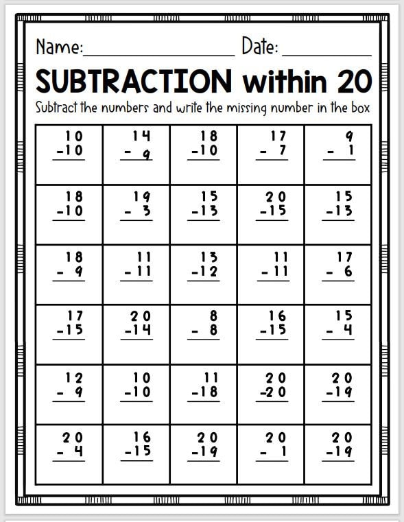 Subtraction Within 20 Math Fact Fluency Timed Worksheet Practice 100 ...