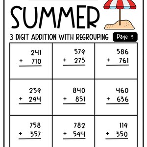 SUMMER 3 Digit Addition WITH and WITHOUT Regrouping Worksheets - Etsy