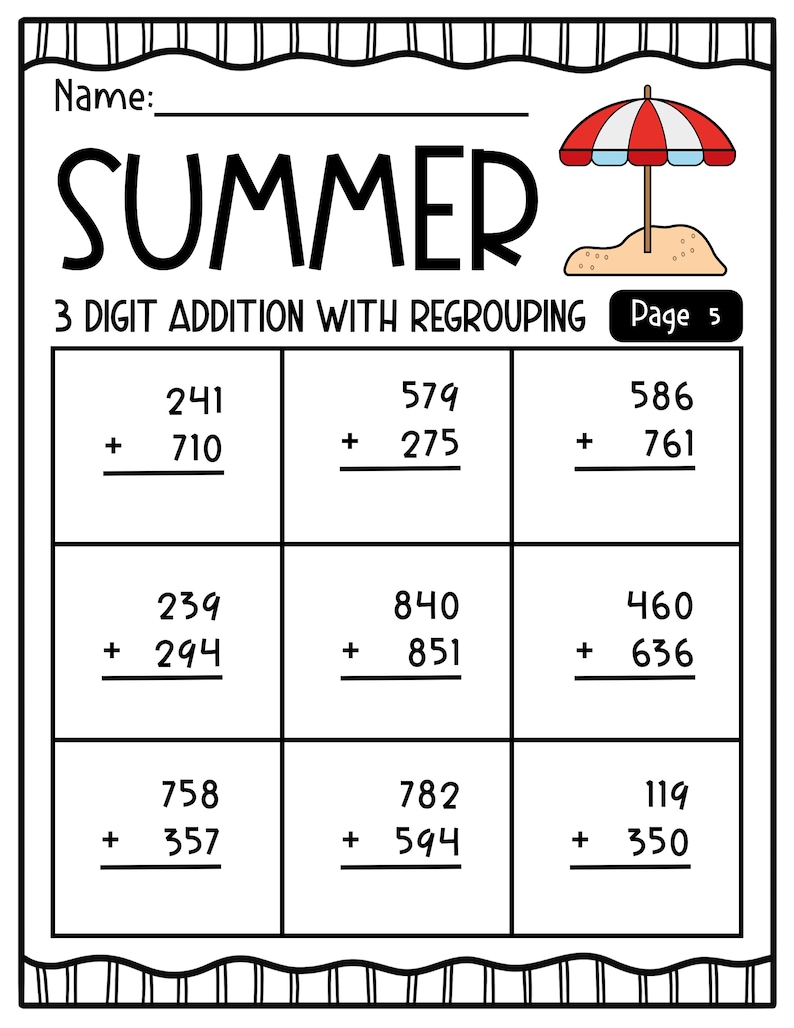SUMMER 3 Digit Addition WITH and WITHOUT Regrouping Worksheets - Etsy