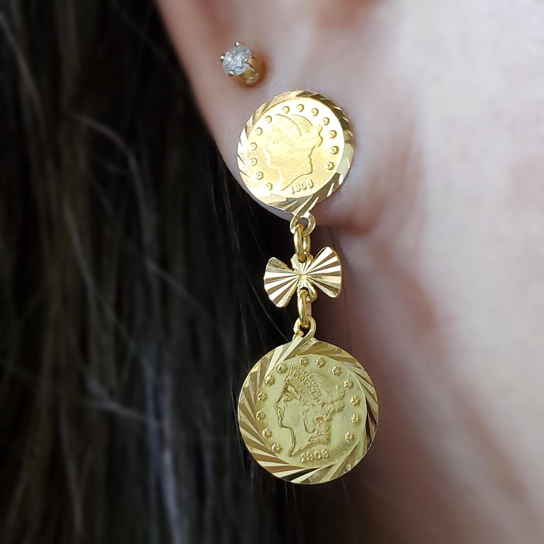 Vintage 18K Solid Gold Coin Drop Earrings With Bow Sweet Romantic Gift ...