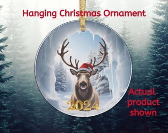 Hanging Christmas Ornament 2024 Reindeer Whimsical Holiday Scene to ...
