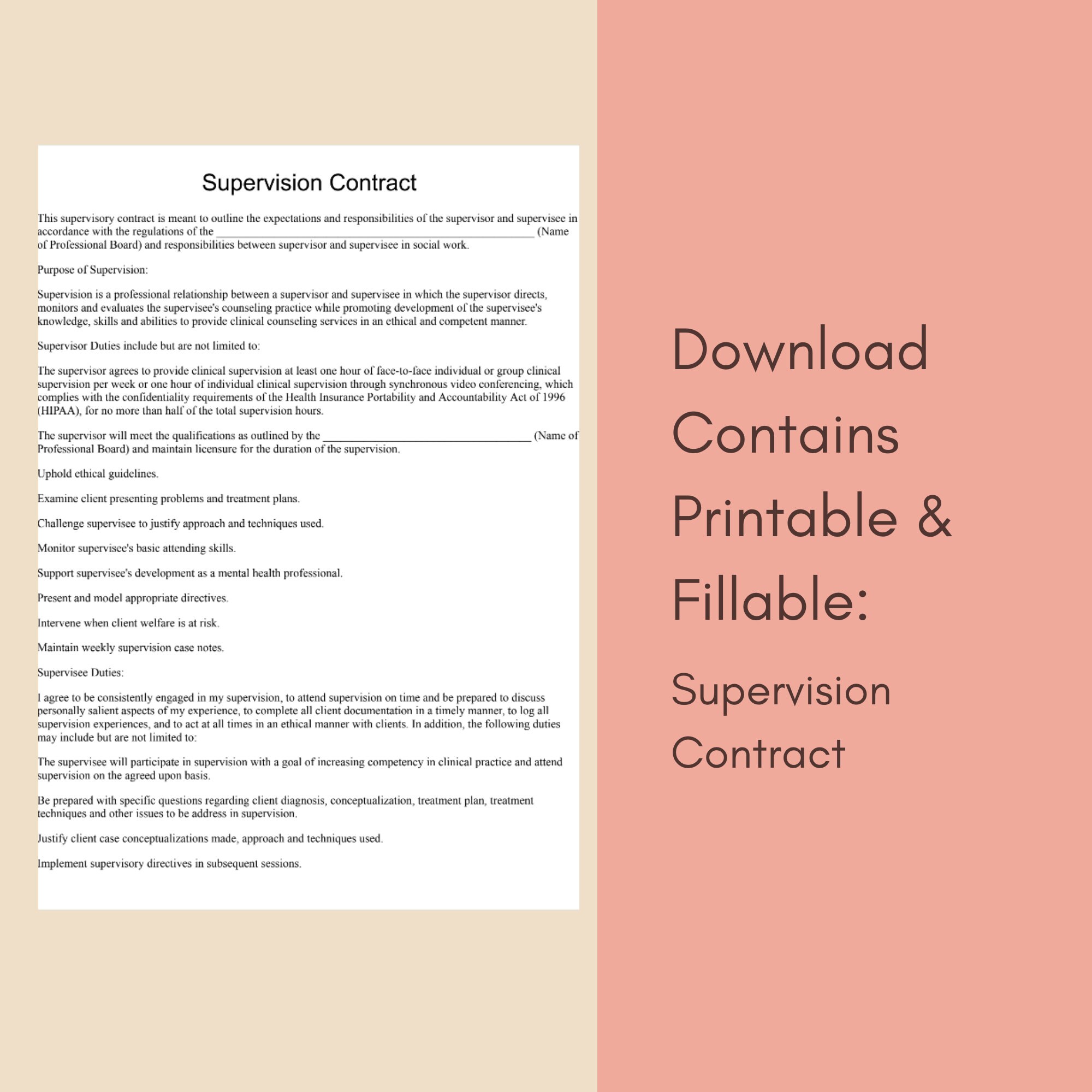 Supervision Contract for Therapists, PDF Fillable, Printable for Social ...