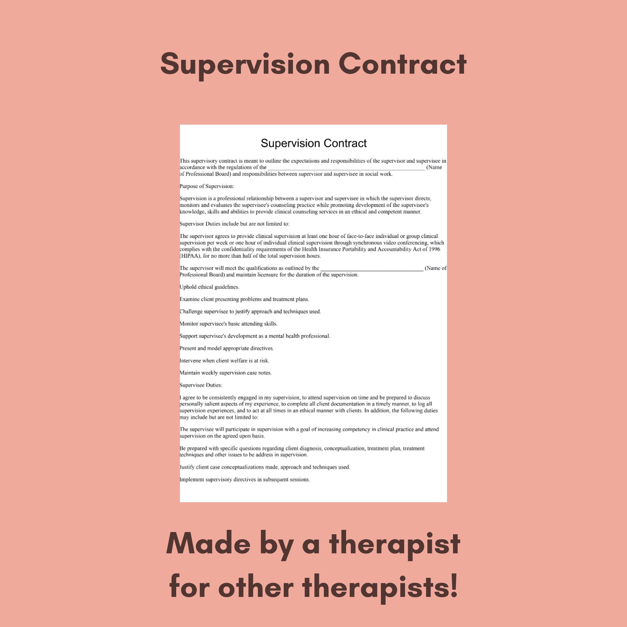 Supervision Contract for Therapists, PDF Fillable, Printable for Social ...