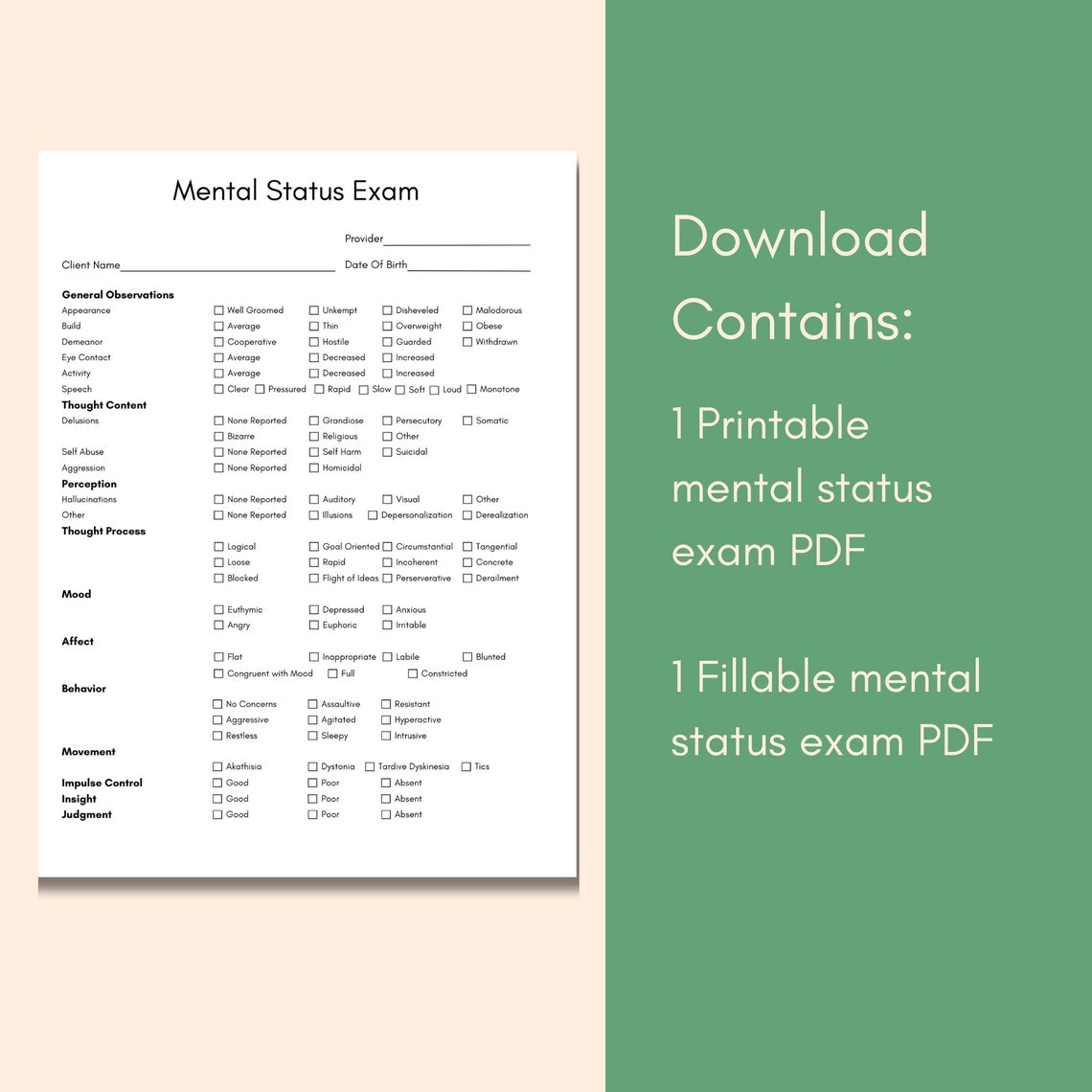 Mental Status Exam Template, PDF - Fillable, Printable, Social Workers ...