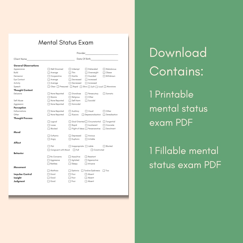 Mental Status Exam Template, PDF - Fillable, Printable, Social Workers ...