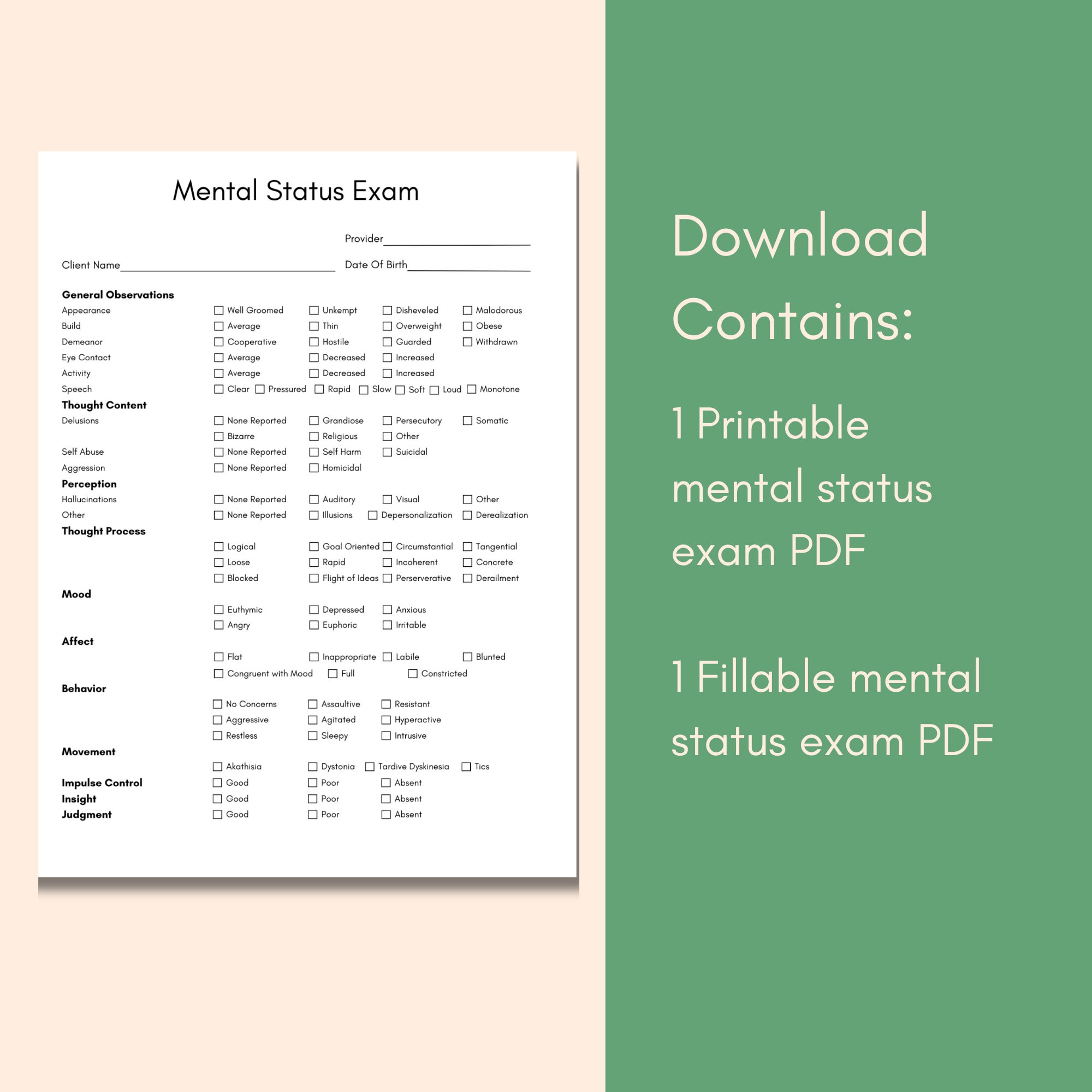 Mental Status Exam Template, PDF - Fillable, Printable, Social Workers ...