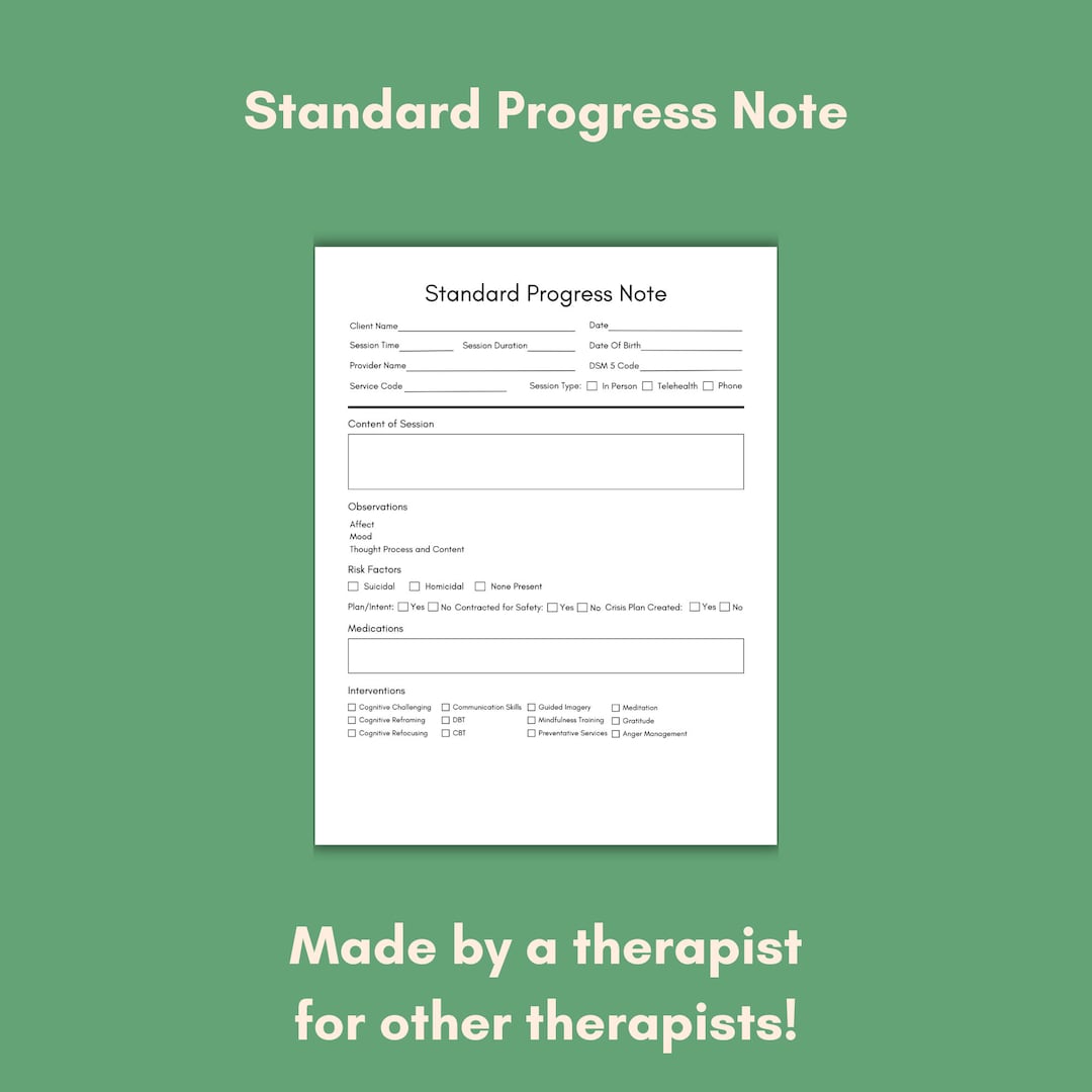 Standard Progress Note for Therapists, PDF Fillable, Printable for ...