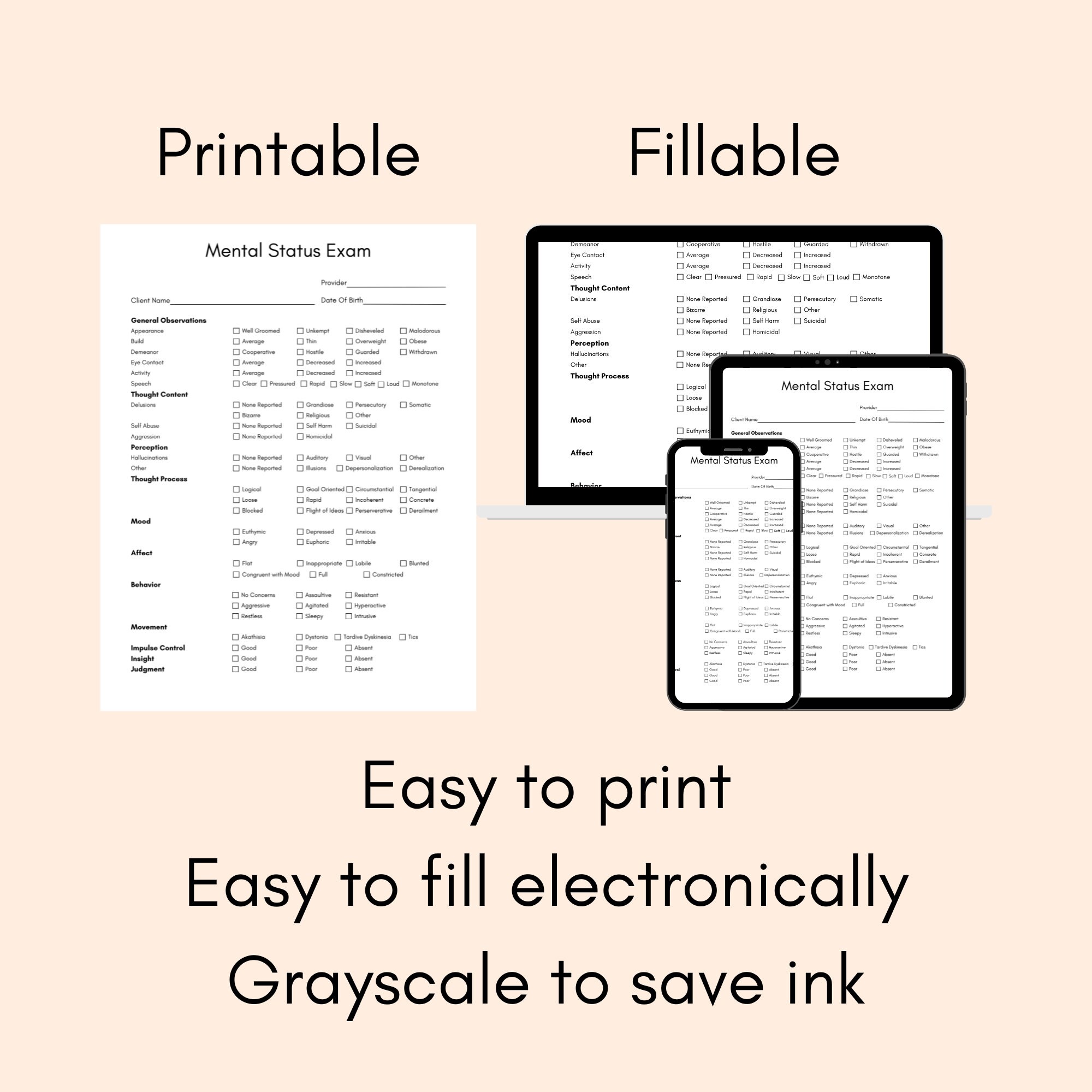 Mental Status Exam Template, PDF Fillable, Printable, Social Workers ...