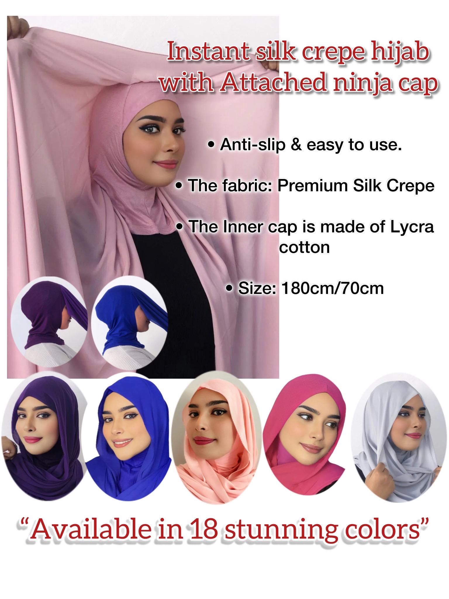 Silk Crepe One Piece Instant Hijab With Attached Ninja Cap Easy Pull-on ...