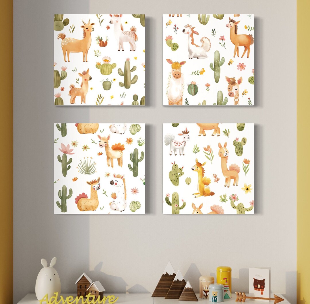 Wall Art Set of 4 Works Children's Room Decor, Printable Llama Alpacas ...