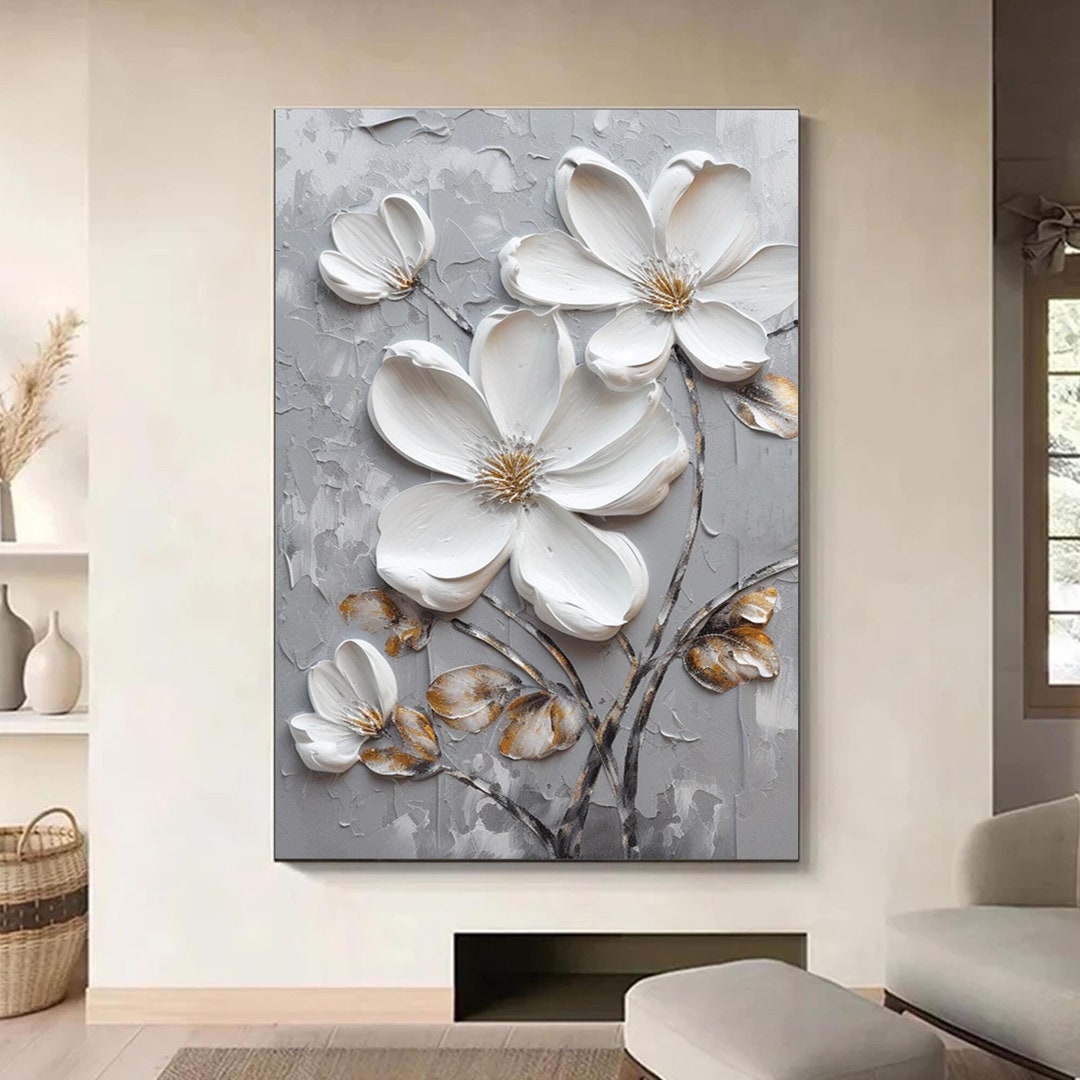 Black and White Gray Flower Painting 3D Acrylic Heavy Texture Simple ...