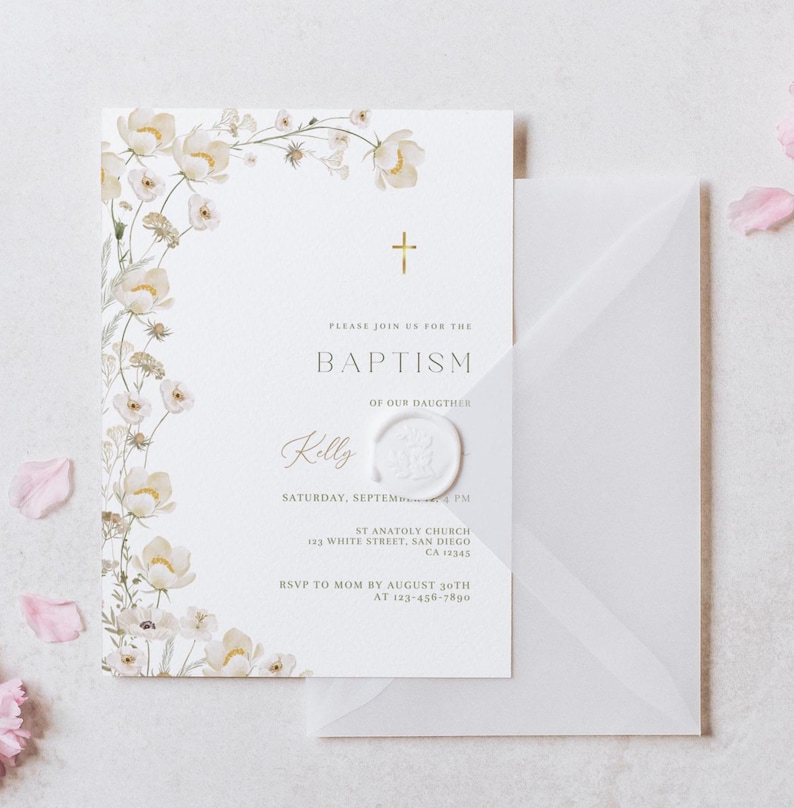 Floral Baptism Invitation Template: Minimalist Christening Invite ...