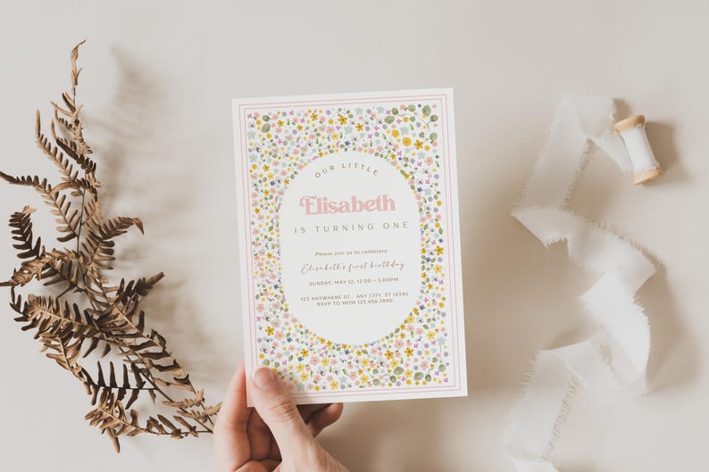 Hand-drawn Floral First Birthday Invite, Editable, Printable Template ...