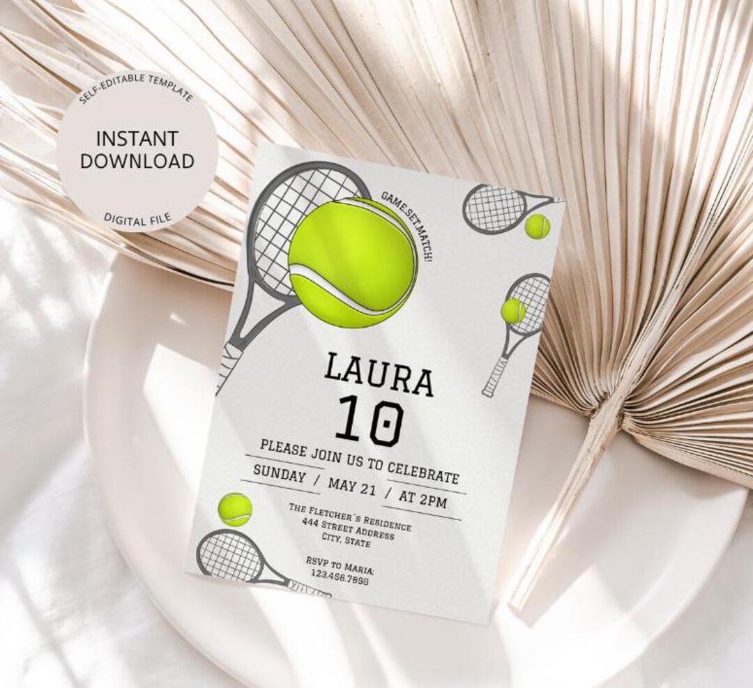 Tennis Birthday Invitation Template, Editable Sports Party Invite, Game ...